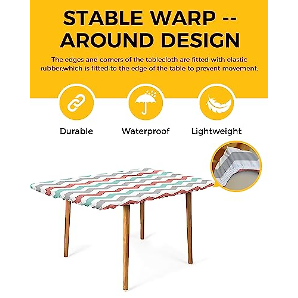 Artwork Store Rectangle Outdoor Tablecloth Waterproof Elastic Fitted Table Covers for 6 Foot Tables,Gray and White Chevron Zig Zag Wipeable Patio Table Covers for Picnic,Camping,Indoor,30x72 Inches