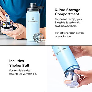 Blueshift Sidekick Stainless Steel Water Bottle, 18 Fl Oz Shaker Bottle With Blend Ball and Protein Storage Compartment, Includes 6 Superblend Supplements Inside Bottle (Sky)
