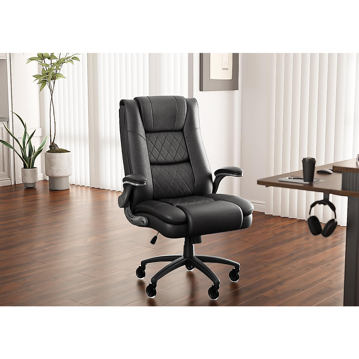Claiks Big and Tall Office Leather Chair for Heavy People, Executive Office Chair with Heavy Duty Casters,High Back Office Chair Flip Arms Adjustable Built-in Lumbar Support