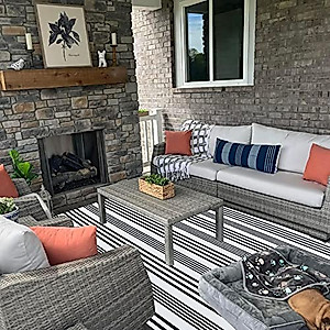 Black and White Striped Outdoor Indoor Rug 4' X 6' Front Porch Rug Cotton Hand-Woven Welcome Mats Layered Door Mats for Front Porch/Entryway/Laundry Room/Bedroom/Outdoor (4' X 6')