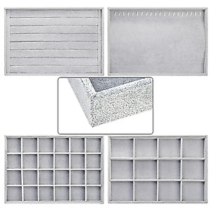 Elsjoy Set of 4 Velvet Jewelry Tray, Large Jewelry Organizer Tray Gray Jewelry Storage Display Tray, Stackable Drawer Insert Jewelry Trays for Earring, Necklace, Bracelet, Ring