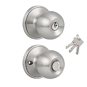 Knobonly Entry Keyed Alike Door Knobs with Lock and Key, Exterior Door Locks with Same Key, Front Door Handles Lock with Keys, Satin Nickel Entry Door Locksets, 3 Pack