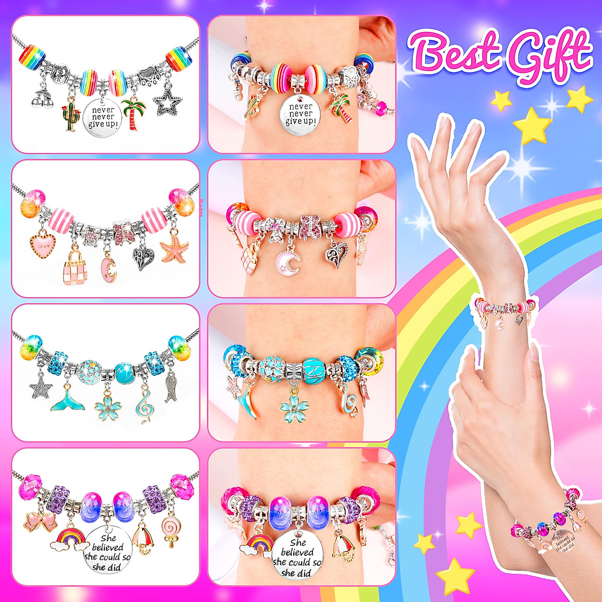 AMAZING TIME 130 Pieces DIY Charm Bracelet Making Kit Including Jewelry Beads, Snake Chains for Girls Teens Age 8-12 Unicorn Mermaid Gifts Christmas Stocking Stuffer