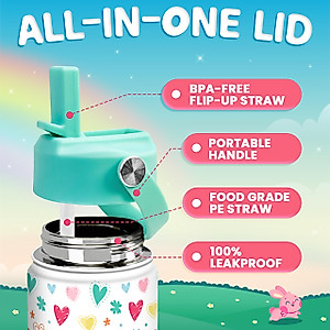 Kids Water Bottle with Straw Lid - Insulated 12 Oz Stainless Steel Water Bottles for Girls Toddlers - Heart Water Bottle Travel Cup for School Sports