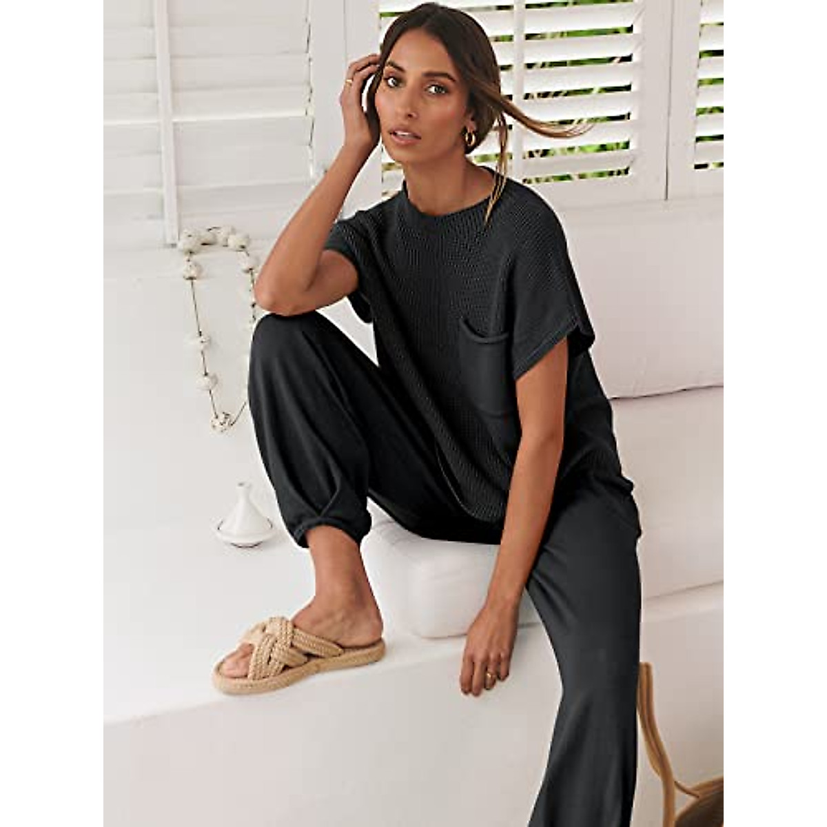 ANRABESS Women's Two Piece Outfits Sweater Sets Knit Pullover Tops Casual Pants Matching Lounge Sets 2023 Spring Summer Fashion Clothes Tracksuit Sweatsuit Set 953heise-L