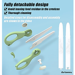 Baby Food Scissors with Travel Case and Tongs Set, Fully Detachable Ceramic Kids Food Scissors with Safety Lock, Dishwasher Safe, Ideal for Noodles, Meats, Vegetables, Pizza and Fruits (A)