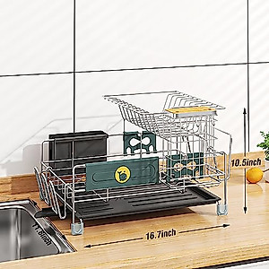 slhsy Dish Drying Rack,2 Tier Dish Racks for Kitchen Counter, Rust-Proof Dish Drainer,Large Dish Drying Rack with Drainboard,Utensil Holder,Knife Block and Drying Mat