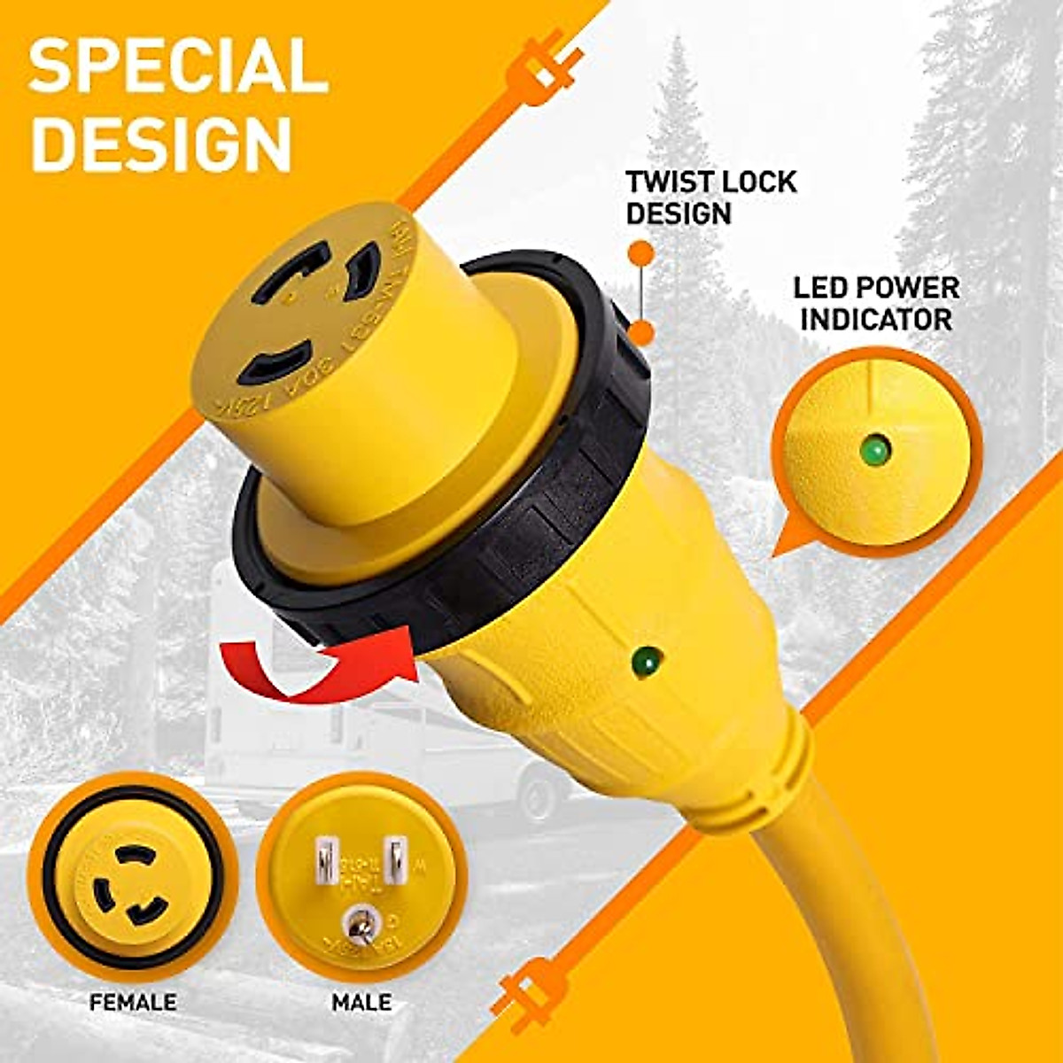 Marvine RV/Boat Shore Power Adapter 1.5FT 15 Amp to 30 Amp NEMA 5-15P to L5-30R Twist Lock Female with LED Indicator STW10/3 Heavy Duty