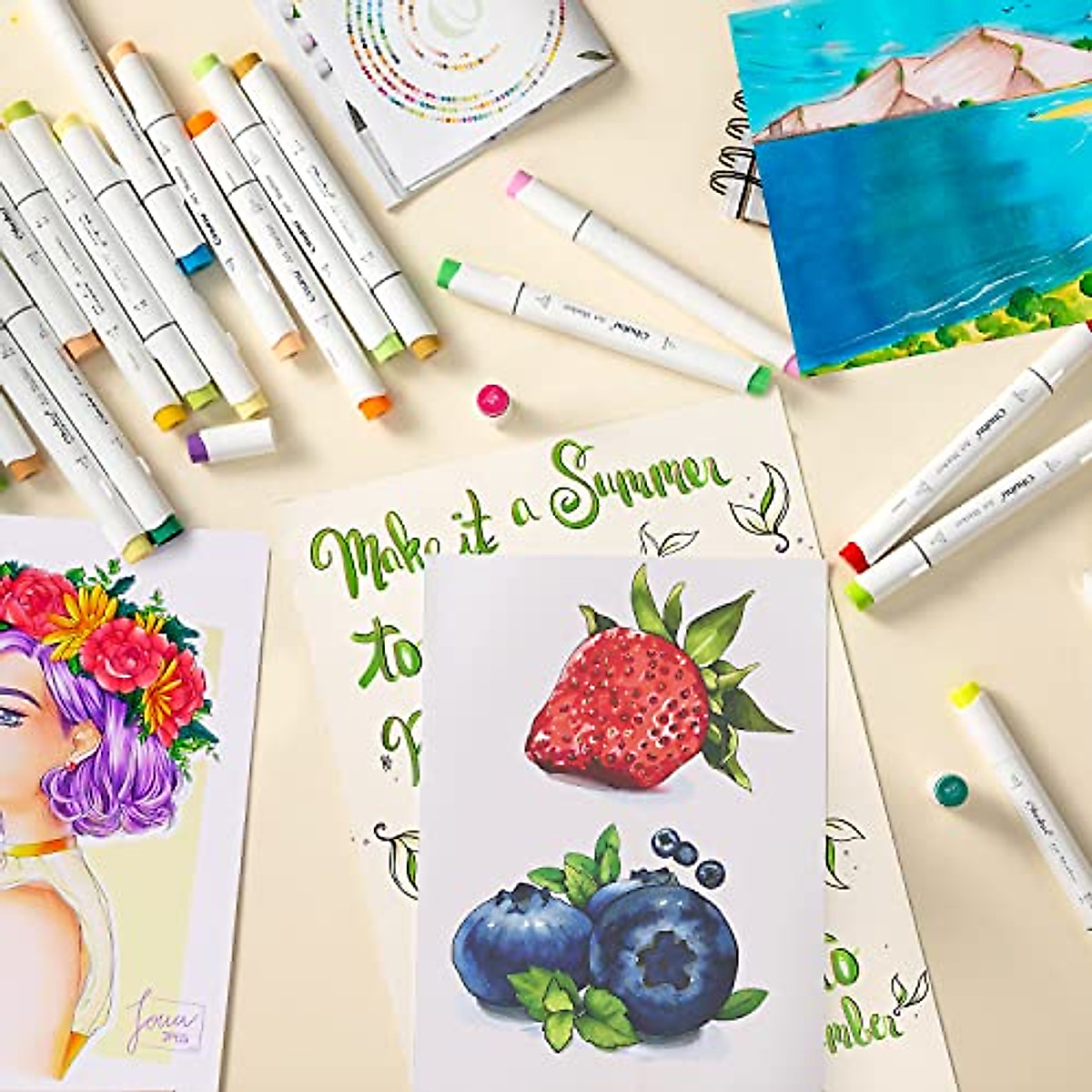 Ohuhu Alcohol Markers Brush Tip: Double Tipped Art Marker Set for Artist Adults Coloring Sketching Drawing Alcohol-based Ink - Brush Chisel Dual Tips - Honolulu - 48 Colors w/ 1 Blender and Case