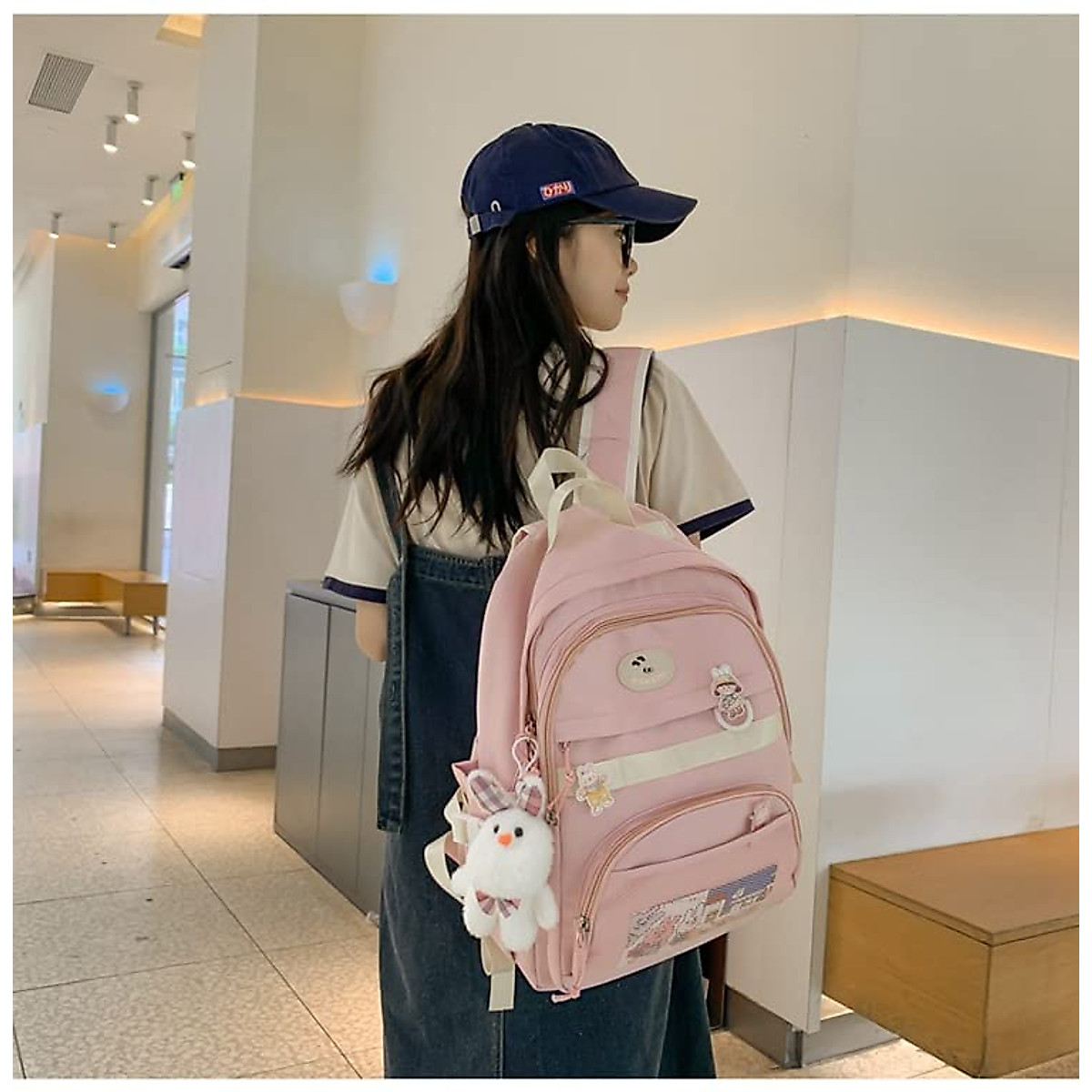 Kawaii Backpack with Cute Pins Bunny Plush Pendant, Aesthetic School Bags Bookbag, Lovely Japanese Ita Bag Daypack (Pink)