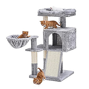 Hey-brother Cat Tree with Sisal Scratching Posts, Cat Tower with Scratching Board,Multi-Level Cat Condo with Basket,Light Grey MPJ014W
