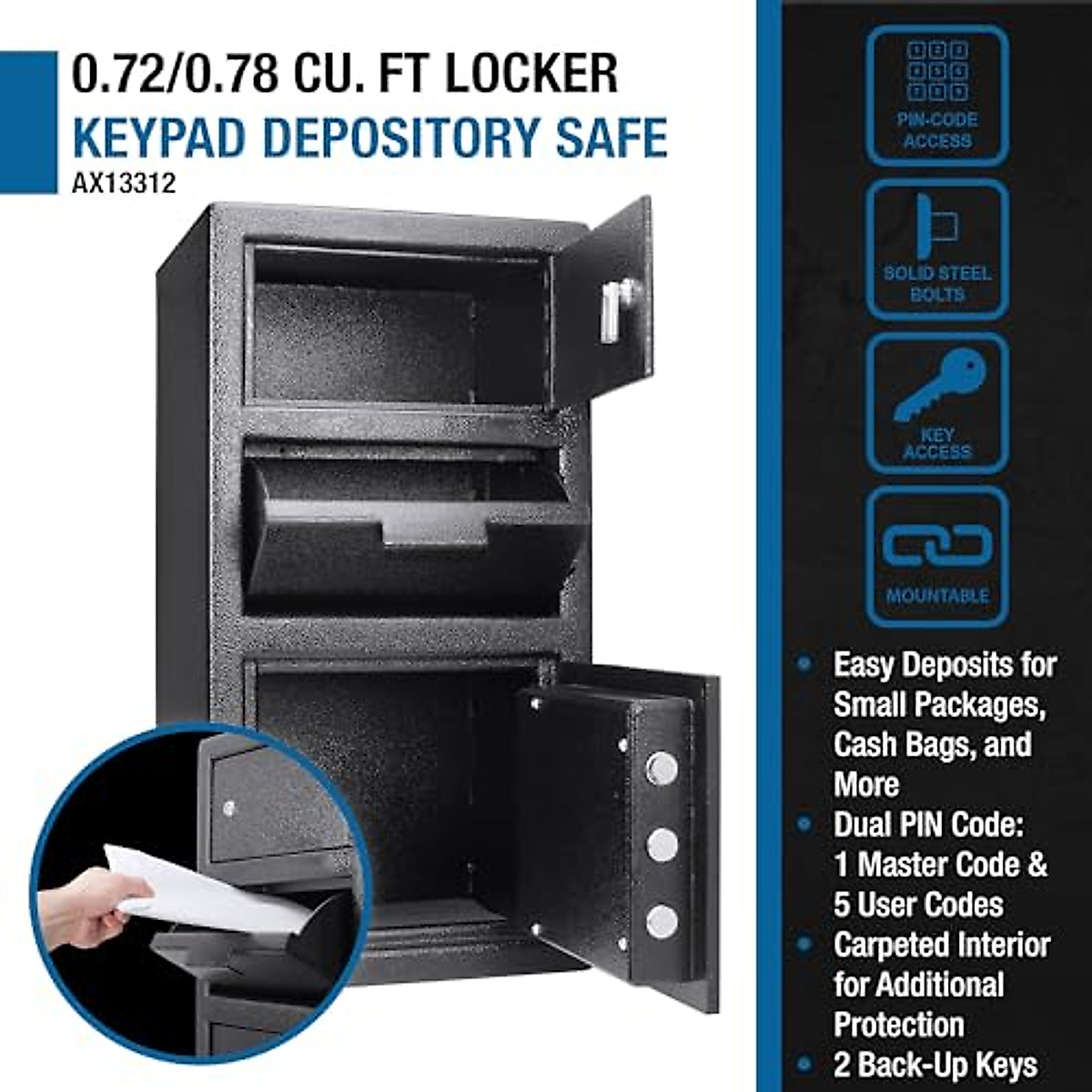 Barska Advanced Digital Keypad Compact Depository Drop Safe with Master Code + 5 Codes & Dual User Mode, Black, 0.72/0.78 Cubic Ft