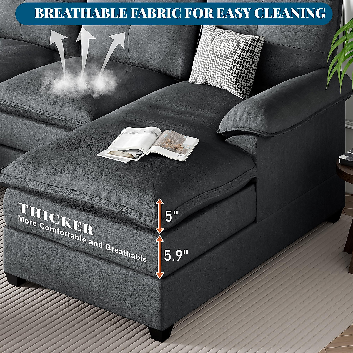 SUNLEI 110" U-Shaped Living Room Furniture Set, 4 Seat Sectional Sofa with Double Chaise for Apartment, Modern Fabric Modular Couch Sleeper for Living Room, Black