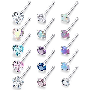 Lsnevsie Nose Rings Studs for Women 20G 316L Surgical Stainless Steel Straight Silver Opal Hypoallergenic Star Heart Nose Nostril Stud Ring Pin Bone Body Piercing Jewelry for Men Diamond CZ 2mm 3mm