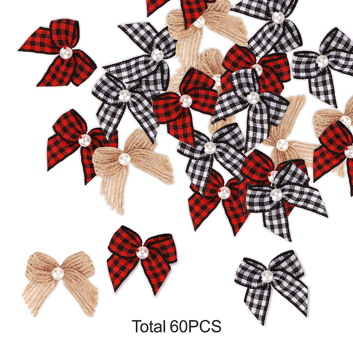 Meseey 60pcs 1" Mini Buffalo Check Plaid Red and Black Ribbon Burlap Bow White and Black Gingham Ribbon Double Bows for Packages Gift Wrapping Christmas Decoration