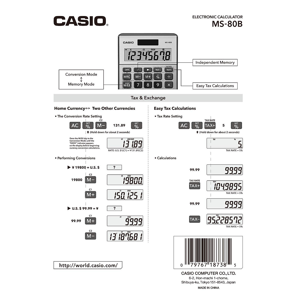Casio MS-80B Standard Function Desktop Calculator,Black 147D×103W×28.8H mm