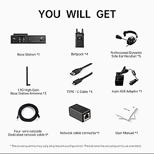 Hollyland Mars T1000 [Official] Full Duplex Wireless intercom System for 5 Users-1 Base Station & 4 Wireless beltpacks with Dynamic Ear Headset & Microphone for Church, Drone, Events, Broadcast.