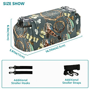 BOENLE Universal Baby Stroller Organizer with Two Insulated Cup Holders Dreamcatcher Butterfly Branch Detachable Zipper Bag,Large Capacity for Baby Essentials
