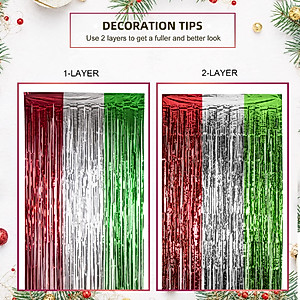 LOLStar 3 Pack Christmas Foil Fringe Curtains Christmas Party Decoration 3.3 x 6.6 ft Red Silver Green Tinsel Fringe Party Photo Backdrop Streamer Backdrop for Christmas, New Year, Ugly Sweater Party