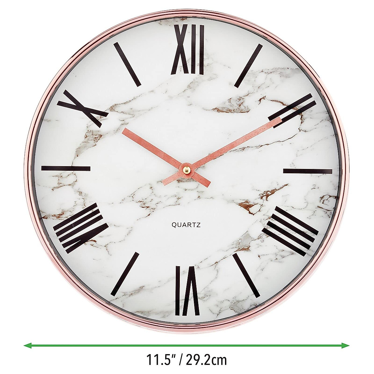 mDesign Modern Stylish Wall Clock for the Office, Bedroom, Kitchen, Bathroom, 11.5 Inch Diameter - Rose Gold Frame and Hands, Large Black Numbers on a Marble Background with a Clear Glass Cover