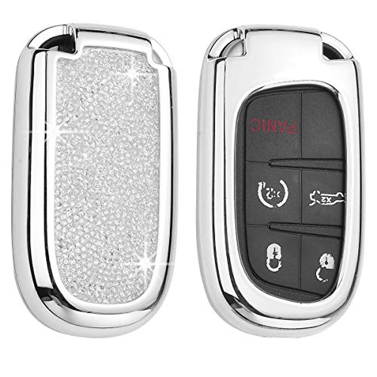 Royalfox 3D Bling Shiny Rhinstone Girly 3/4/5 Buttons Key fob case Cover Skin for Jeep Grand Cherokee Renegade,Fiat,Dodge Charger Challenger Dart Journey Durango,Chrysler 200 300 (Silver)