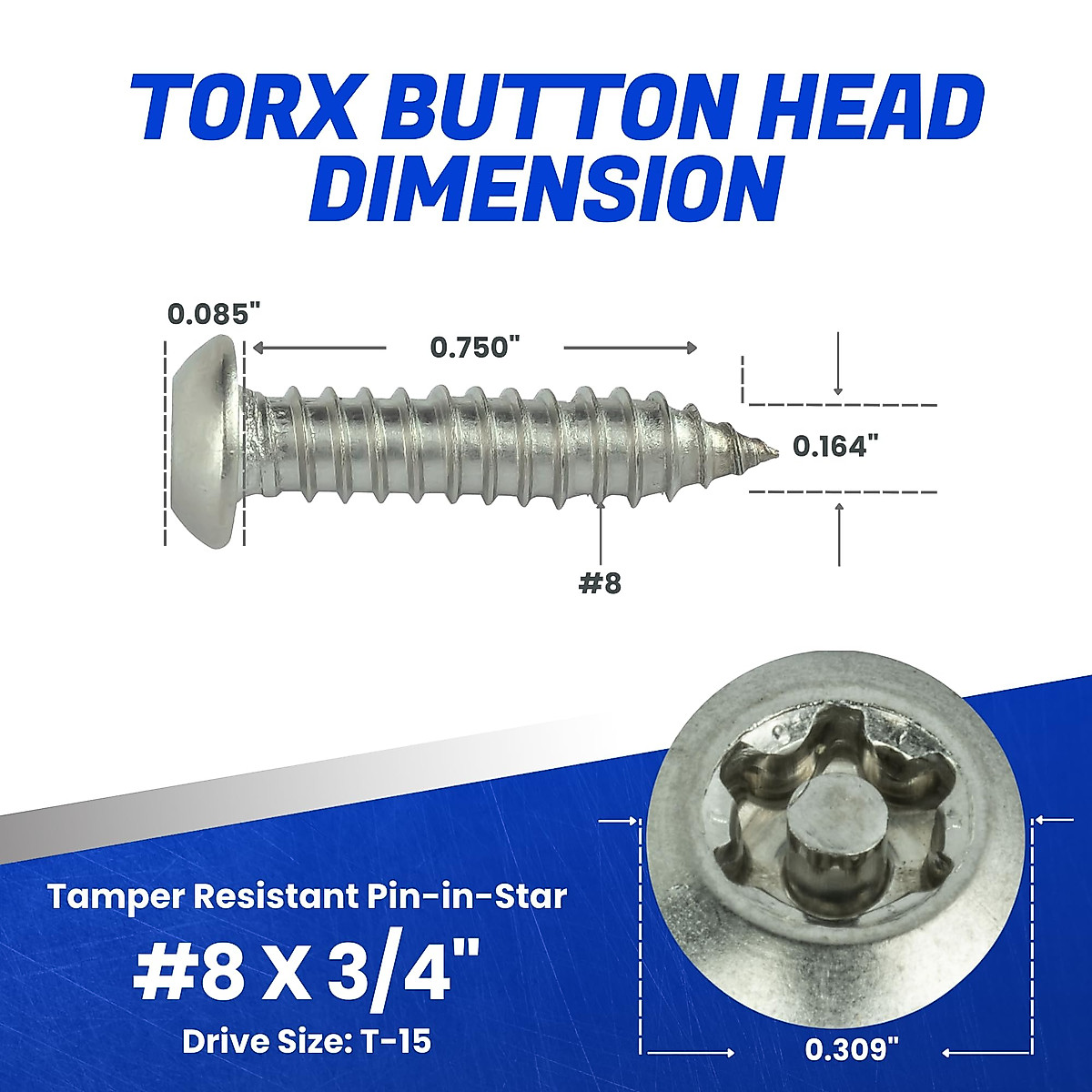 Fastenere Torx Security Sheet Metal Screws - #8 x 3/4" (25-Pack) Button Head, Tamper-Resistant, Anti Theft Stainless Steel Screws for Higher Level of Safety & Secure Fastening Solution