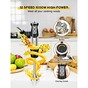Handor 6-in-1 Hand Immersion Blender, 1000W 12 Speed Handheld Blender with 600ml Beaker, 500ml Chopper, Egg Whisk, Milk Frother, Stainless Steel Blades for Soup, Smoothie, Puree