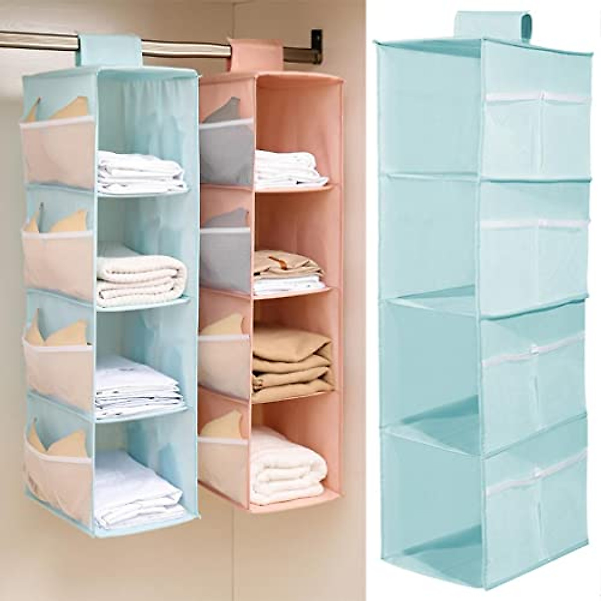 Leefasy Hanging Closet Organizer Wardrobe Storage Shelves for Sweaters Hat Clothes with Side Storage Bag Easily Attach to Closet Rods , Blue