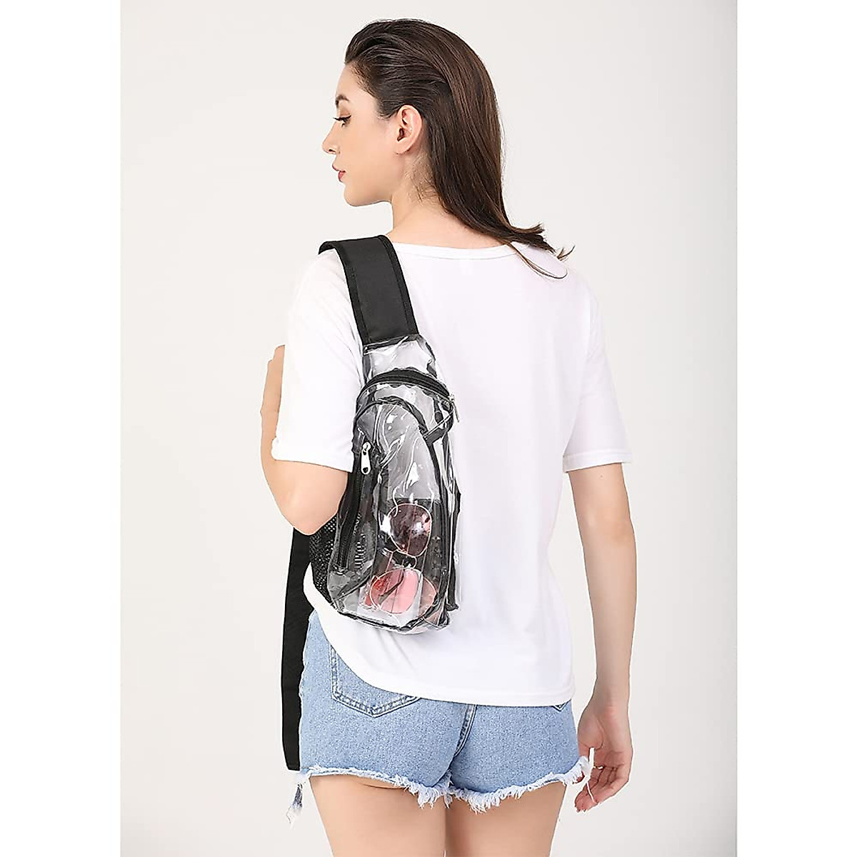 Clear Sling Bag Stadium Approved, Comfortable Small Clear Backpack for Women & Men, Clear Crossbody Stadium Bag, Transparent Bag with Mesh Pocket, Perfect for Sporting Events and Concerts (Black)