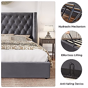 VanAcc Queen Bed Frame Lift Up Storage Bed with Headboard 50" Button Tufted Wingback/Hydraulic Lifting Storage Underneath/Wood Slats/Easy Assembly/Dark Grey