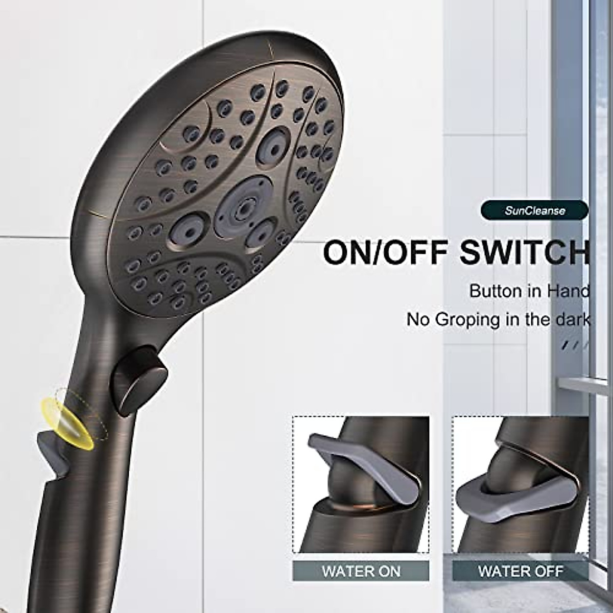 SunCleanse Shower Head, 7 Settings Hand held Shower with ON/OFF Pause Switch, Oil Rubbed Bronze High Pressure Shower Head with 71 inch Hose