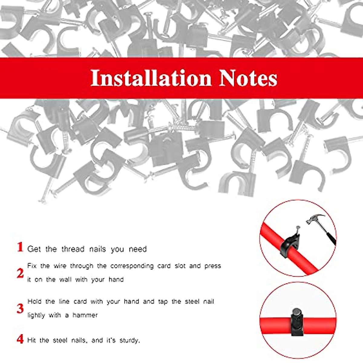 OCR 600pcs Circle Cable Clips with Steel Nail in Black Wire Clips 4mm 5mm 6mm 7mm 8mm 10mm 12mm Cord Management for RG6, RG59, CAT6, Coax Cable, Ethernet, TV, Telephone, Printer Cable