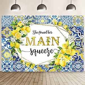 AIBIIN 7x5ft Lemon Bridal Shower Backdrop She Found Her Main Squeeze Engagement Party Photography Background Blue Tile Floral Print Decoration Bachelorette Bride To Be Wedding Photoshoot Prop Supplies