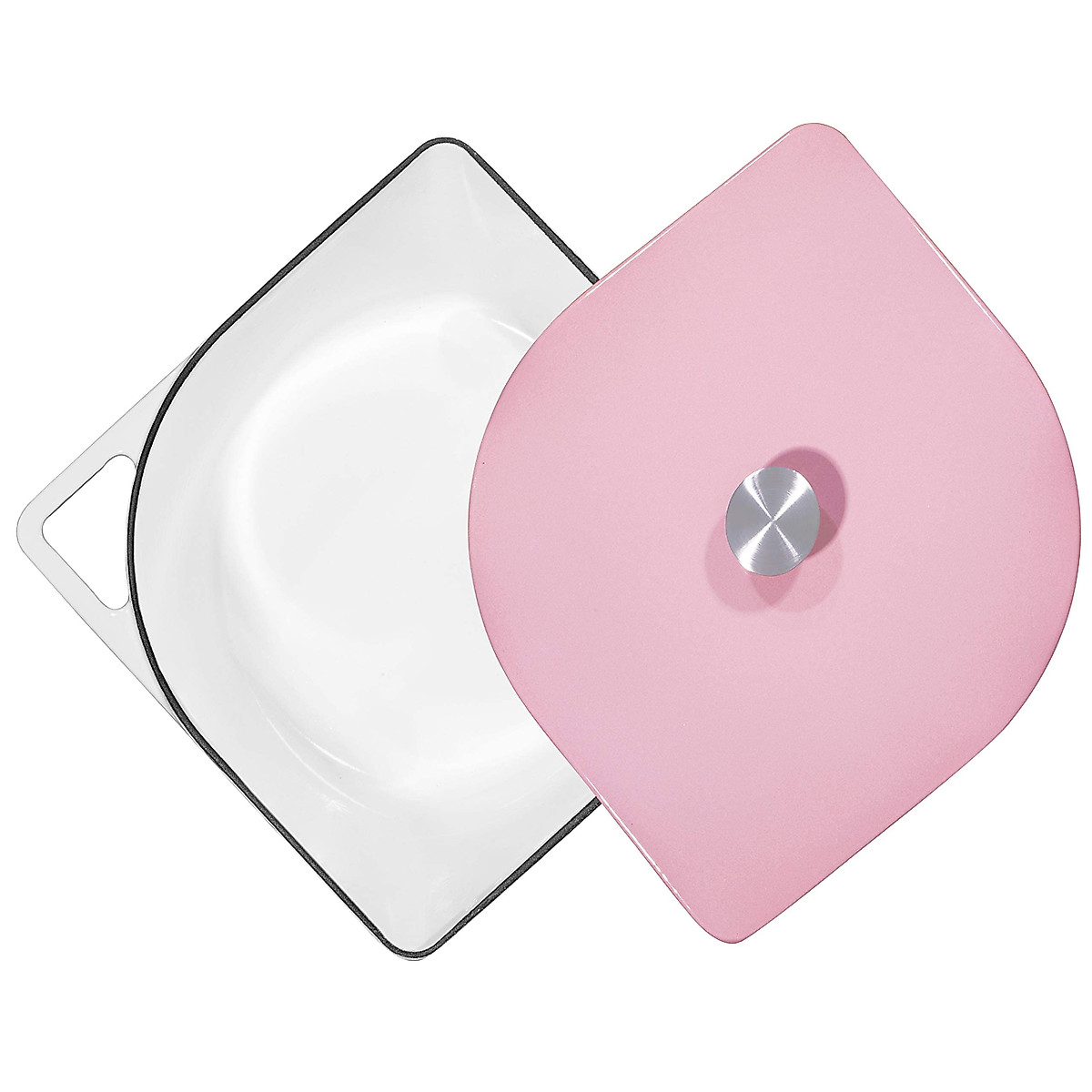 Bruntmor 3 Quart Cast Iron Enameled Dutch Oven - Modern Squoval Design - Nonstick Seasoned Pot with Stainless Steel Knob - Ideal for Christmas/Thanksgiving Dinner - White with Pink Lid