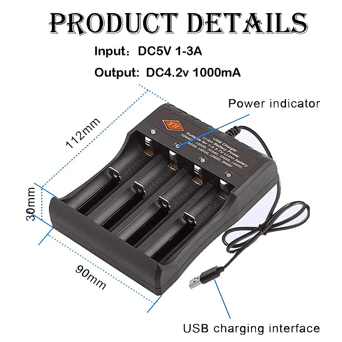 18650 Battery Charger 4 Bay Smart Universal USB Charger for 3.7V Rechargeable Lithium Li ion Batteries Compatible 18650 26650 21700 10400 14500 16340 16650 18500 Battery Charger（No Battery
