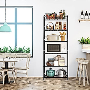 6 Tier Kitchen Shelf Organizer Bakers Rack with Storage, Upgrade Metal Standing Shelf Bookshelf Shelving Unit, Heavy Duty Pantry Shelves for Outdoor Indoor Bathroom Laundry Garage Living Room(Black)…