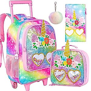 ZLYERT 3PCS Rolling Backpack for Girls, Unicorn Roller School Bag with Wheels for Kids, Wheeled Bookbag with Lunch Box for Children - Pink