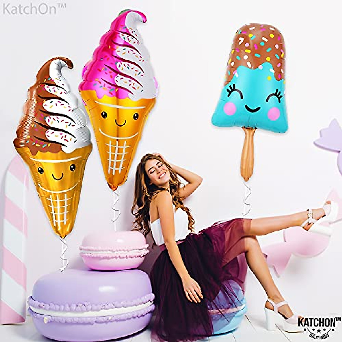 KatchOn, Giant Ice Cream Balloon - 39 Inch, Pack of 3 | Ice Cream Party Decorations | Popsicle Balloons for Ice Cream Birthday Party Decorations | Ice Cream Cone Balloon for Ice Cream Decorations