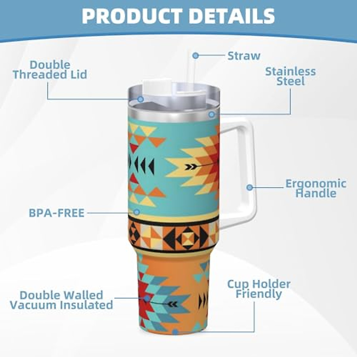 Xiexide 40oz Sweatproof Office Native Southwest American Indian Aztec Navajo Tribal Double Walled Vacuum Insulatedith Handle And Straw,Hot & Cold Drinks
