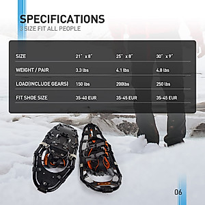 G2 30 Inches Light Weight Snowshoes for Women Men Youth, Set with Trekking Poles, Carrying Bag, Snow Baskets, Special EVA Padded One-Pull Binding, Heel Lift, Toe Box, Orange