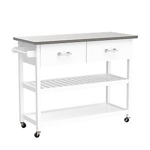 RASOO Kitchen Island White Stainless Steel Top Kitchen Cart On Wheels with 2 Drawers and Storage Shelves, 47.24"x19.68"x35.82"(LxWxH