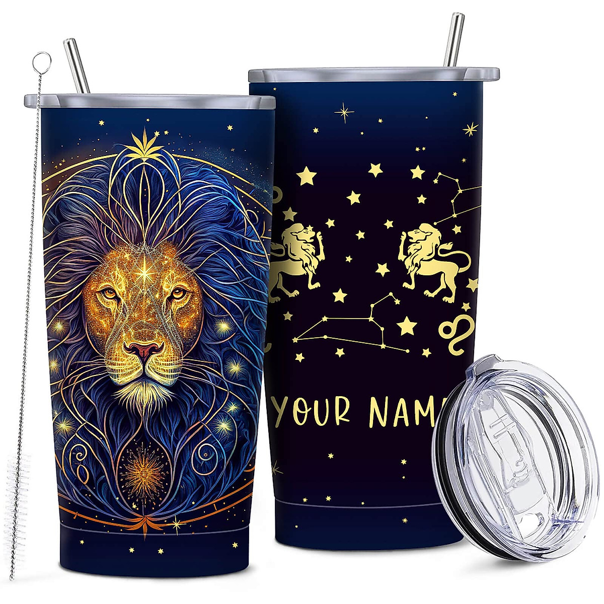 BEOIIBIRD Custom Leo Zodiac Tumbler Gifts, 20oz Glaze Stainless Steel with Lid and Straw Personalized with Text Bottles Insulated Coffee Mug, Beverage Cup for Teen Women Men Office Car Travel