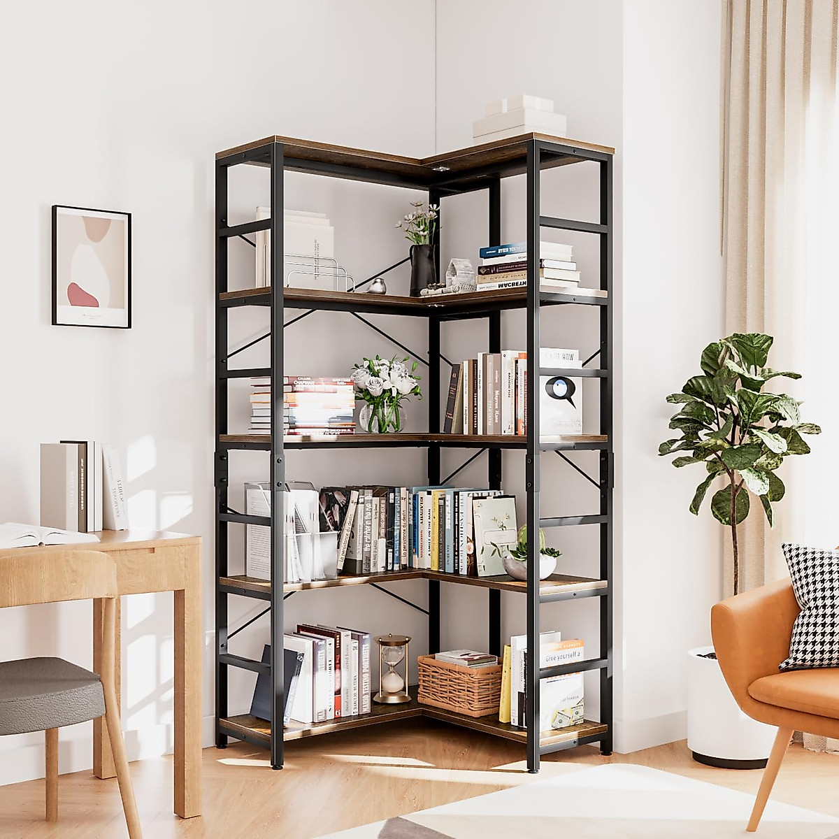 APPOLYN Corner Shelf, 5 Tiers Corner Bookshelf, Wood and Metal Bookcase Storage Shelf, Tall Corner Cabinet for Living Room, Bedroom, Home Office and Kitchen