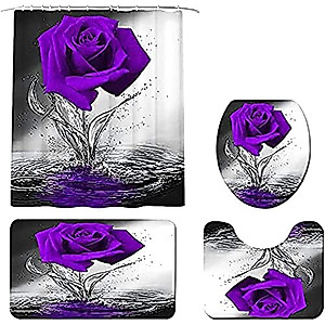 Purple Rose Bathroom Sets with Shower Curtain and Rugs Water Purple Rose Shower Curtain Set with Non-Slip Rugs,Bath Mat,Toilet Lid Cover and 12 Strong Hooks,Modern Style Shower Curtain for Bathroom