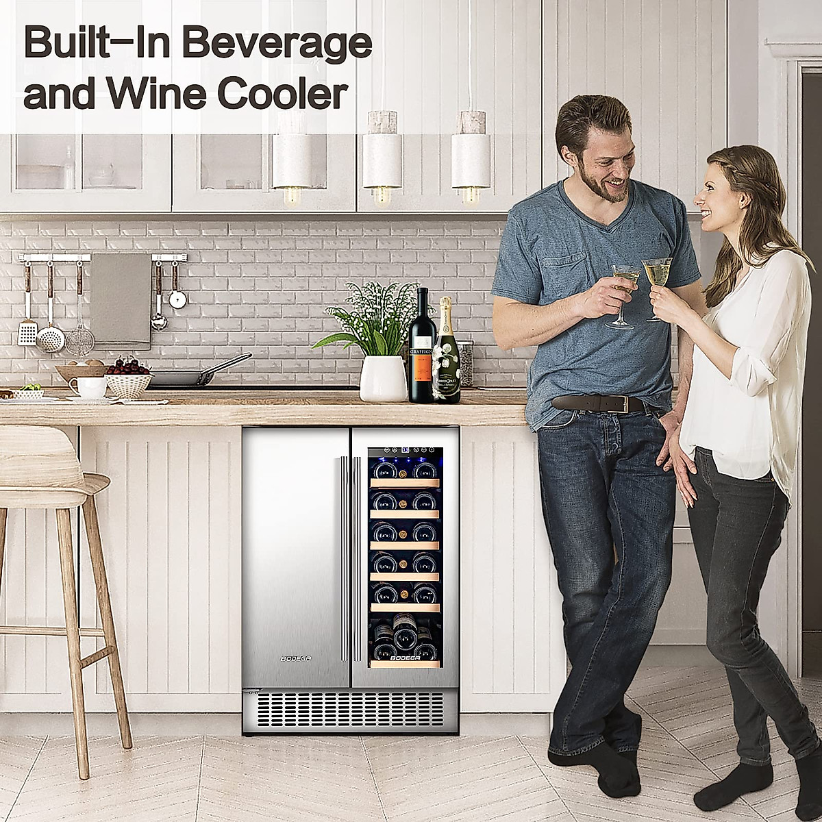 BODEGA 24 Inch Beverage and Wine Cooler, Built-in and Freestanding Wine Beverage Refrigerator Dual Zone, Holds 57 Cans and 18 Bottles, with Independent Temperature Control,Upgraded Compressor Quiet