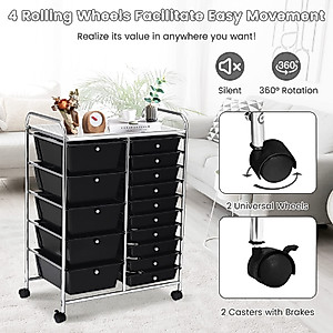 SILKYDRY 15 Drawers Rolling Storage Cart, Craft Cart Organizer with Lockable Wheels for Tools, Arts, Scrapbook, Papers, Multipurpose Utility Cart for Home Office School (Black)