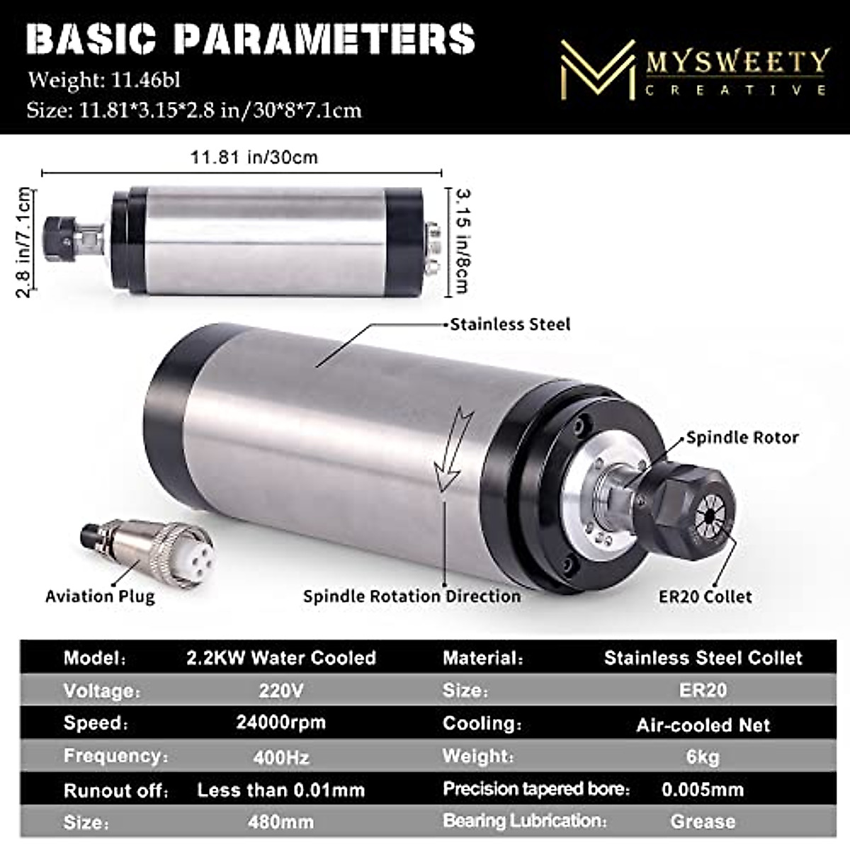 CNC Spindle Motor Kit, MYSWEETY 110V 2.2KW Water Cooled Spindle Motor + 2.2KW Single to 3 Phase VDF+110v Water Pump + 3.15 Inch Clamp + 196 Inch Water Pipe + 40 Inch Electric Wire+ 13pcs ER20 Collet