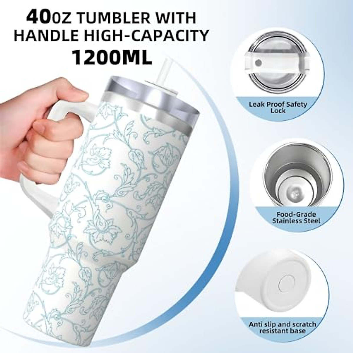 UIANG Plant Stainless Steel Triple Layer Insulated Travel Tumbler with Spill Resistant Lid, Straw, and Carry Handle, BPA Free, 40 oz,Boho Water Lilies,Blue Green