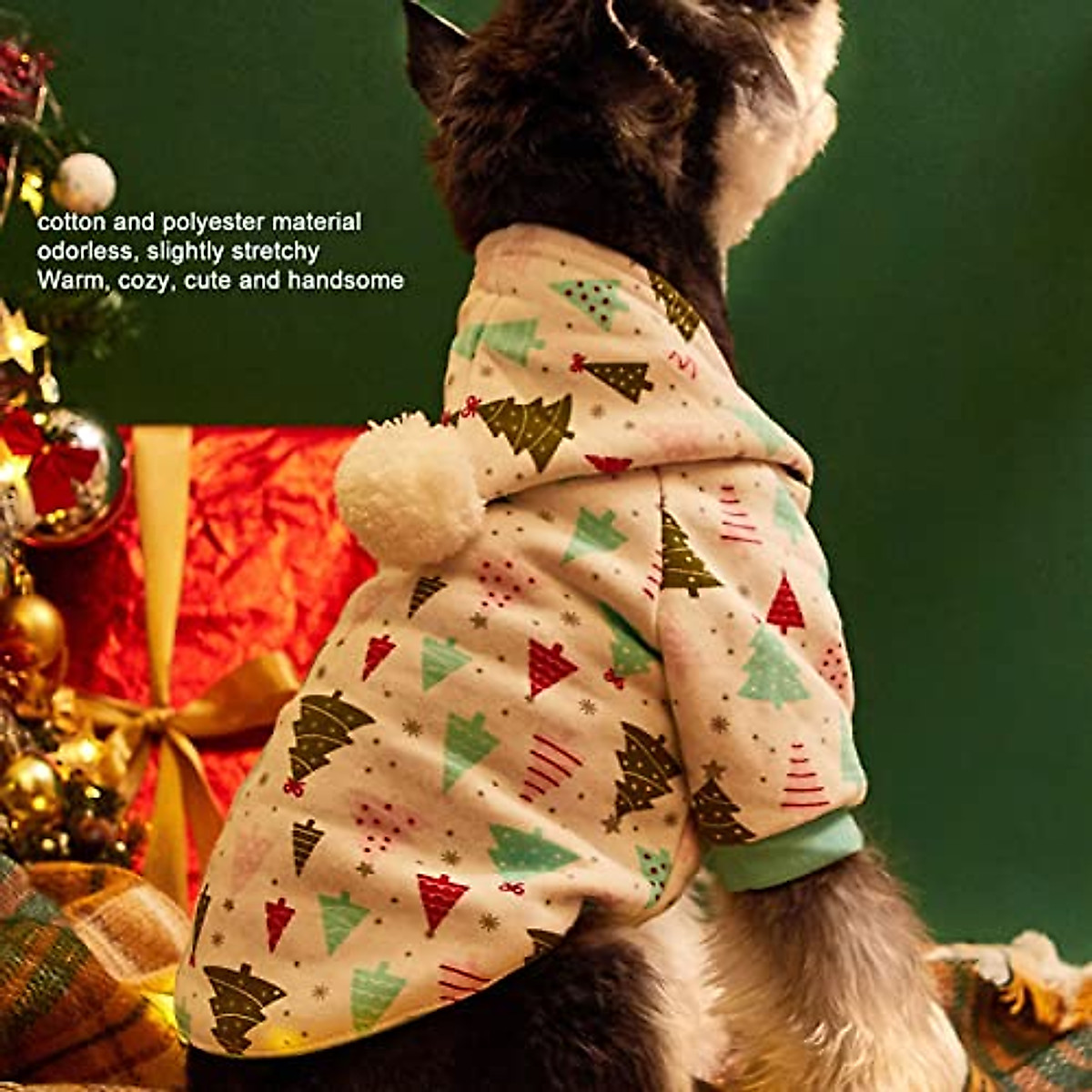 Dog Hoodie, Print on White Odorless Green Christmas Tree Easy to Wear Elastic Dog Sweaters for Winter for Cats S