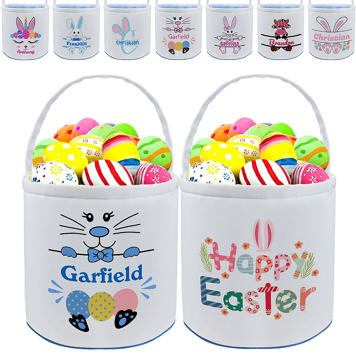 WQingot Personalized Easter Basket Custom with Name Customized Candy Egg Easter Buny Tote Bags Carry for Girls Boys Happy Easter Gift Deco Blue